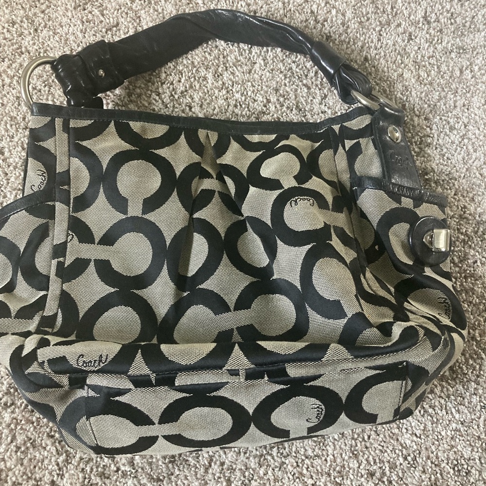 Coach C Logo Black And Gray Signature Hobo Bag. - Gem